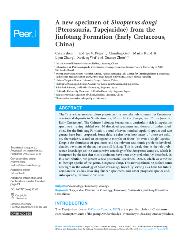 (PDF) A new specimen of Sinopterus dongi (Pterosauria, Tapejaridae ...