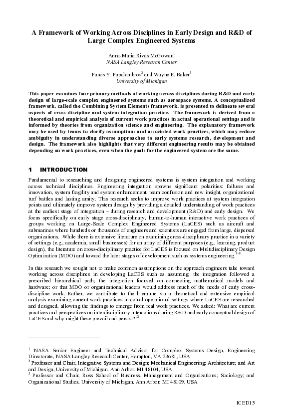 (PDF) A Framework of Working Across Disciplines in Early Design and R&D of Large Complex ...