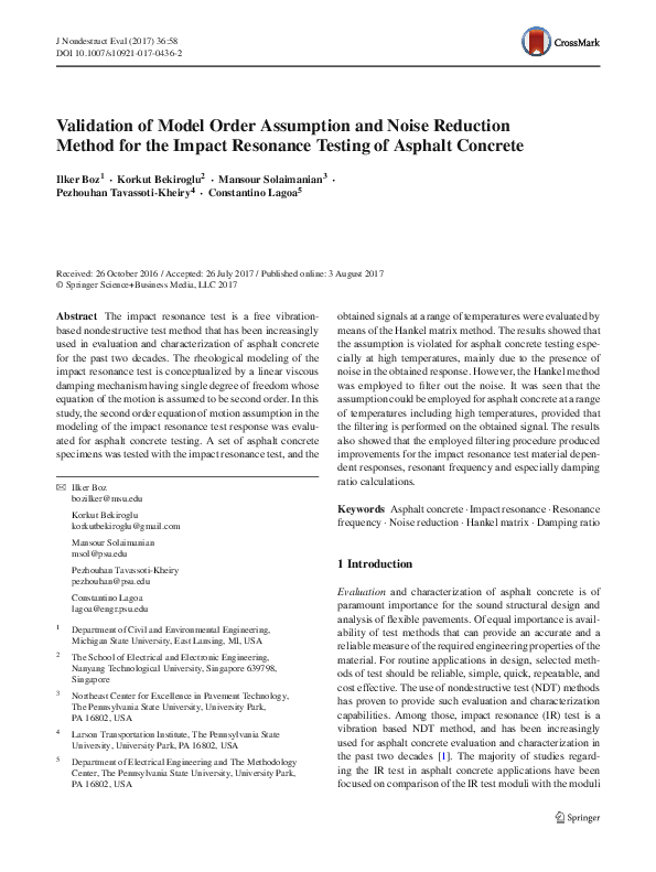 (PDF) Validation of Model Order Assumption and Noise Reduction Method ...