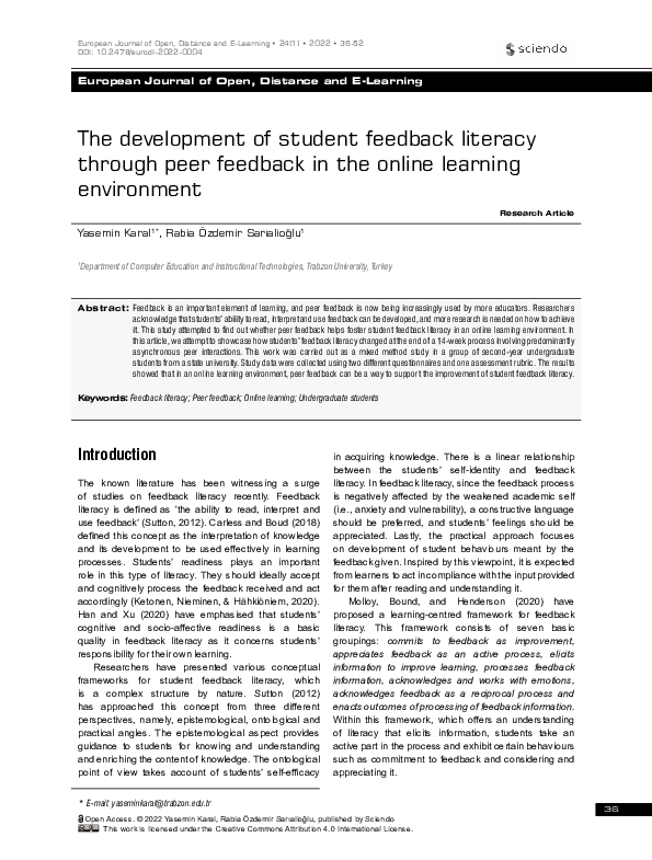 (PDF) The development of student feedback literacy through peer feedback in the online learning ...