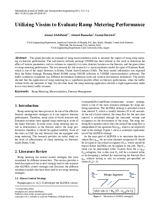 (PDF) Utilizing Vissim to Evaluate Ramp Metering Performance