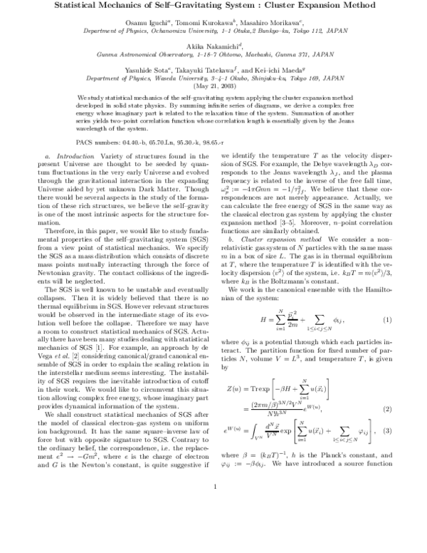 (PDF) Statistical mechanics of self-gravitating system: Cluster expansion method