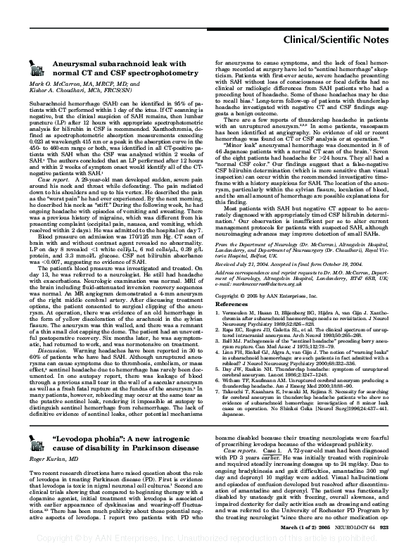(PDF) Aneurysmal subarachnoid leak with normal CT and CSF spectrophotometry