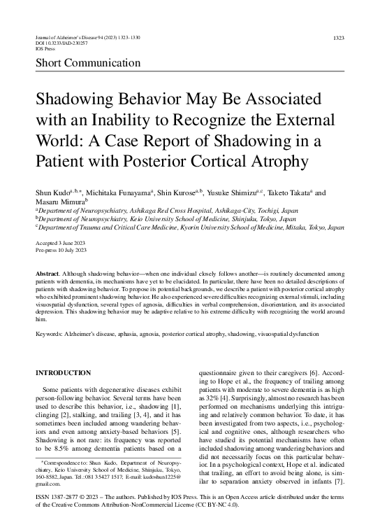 (PDF) Shadowing Behavior May Be Associated with an Inability to Recognize the External World: A ...