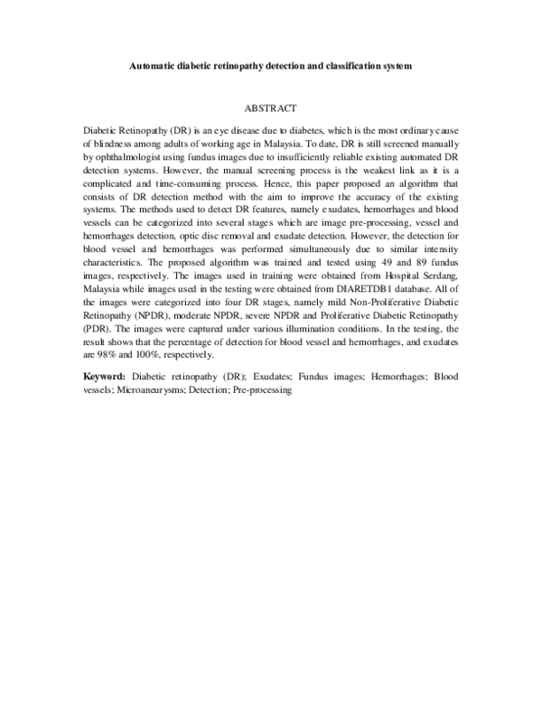 Pdf Automatic Diabetic Retinopathy Detection And Classification System Zainab Omar