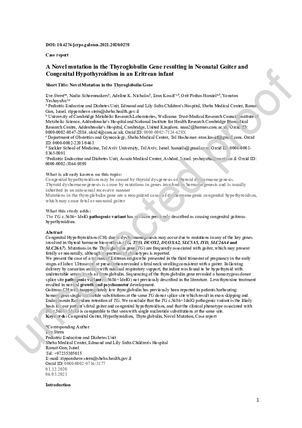 (PDF) A Novel Mutation in the Thyroglobulin Gene Resulting in Neonatal ...