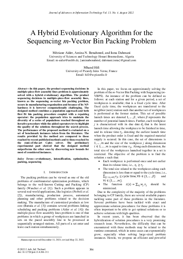 (PDF) A Hybrid Evolutionary Algorithm for the Sequencing m-Vector Bin ...