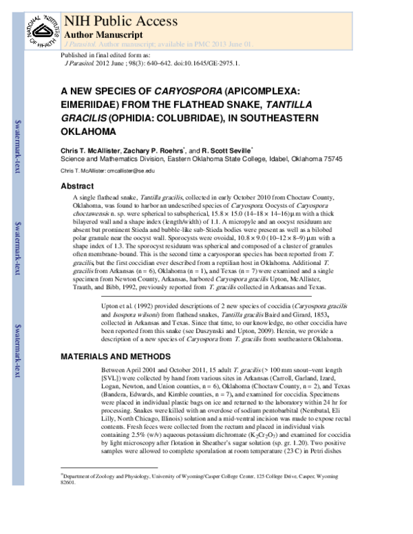 (PDF) A New Species of Caryospora (Apicomplexa: Eimeriidae) from the ...