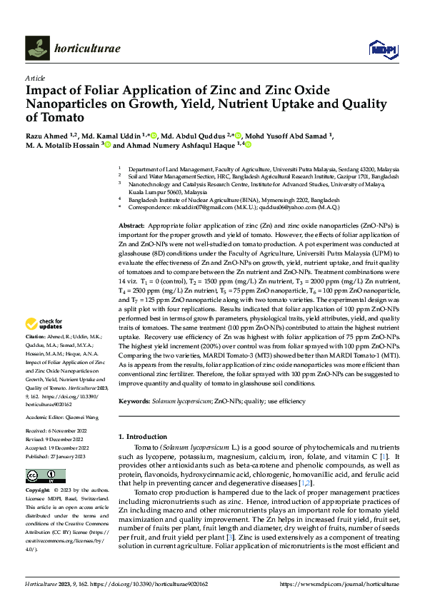 (PDF) Impact of Foliar Application of Zinc and Zinc Oxide Nanoparticles on Growth, Yield ...