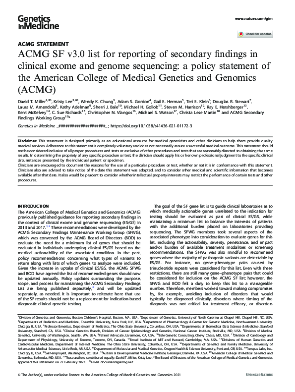 (PDF) ACMG SF v3.0 list for reporting of secondary findings in clinical ...