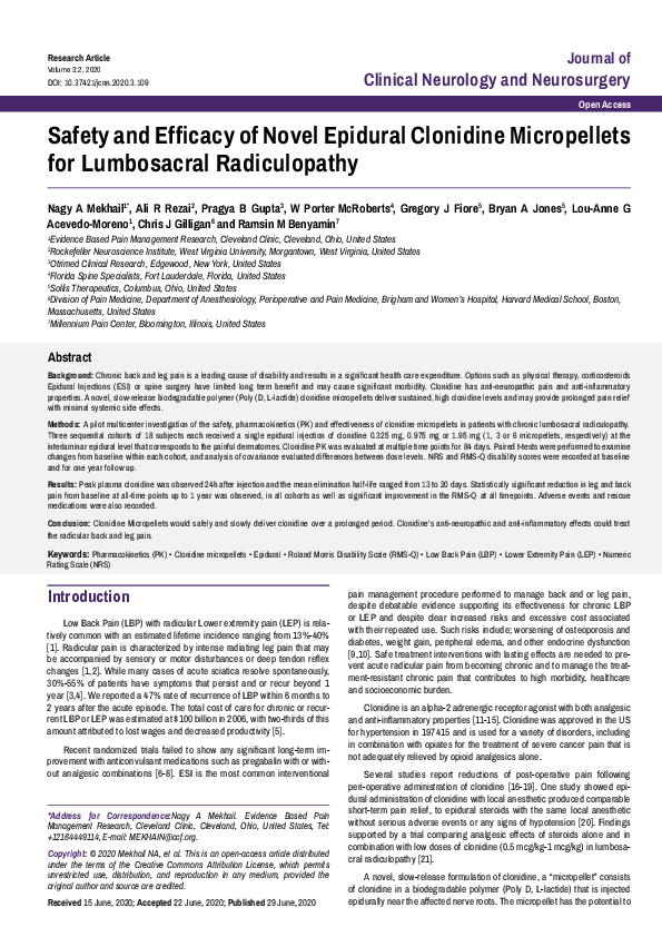 (PDF) Safety and Efficacy of Novel Epidural Clonidine Micropellets for ...