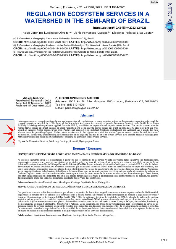 (PDF) Regulation Ecosystem Services in a Watershed in the Sem-Iarid of ...