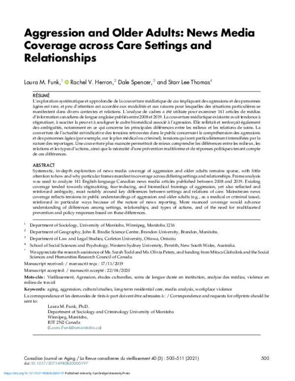 (PDF) Aggression and Older Adults: News Media Coverage across Care ...