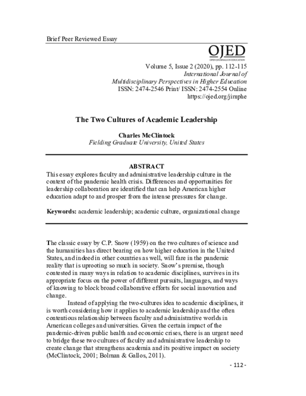 (PDF) The Two Cultures of Academic Leadership