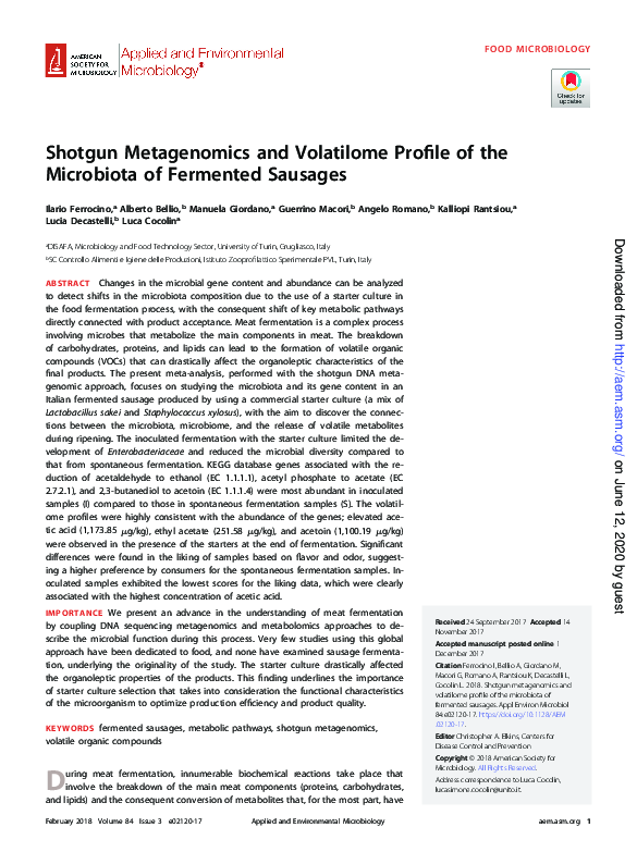 (PDF) Shotgun metagenomics and volatilome profile of the microbiota of fermented sausages