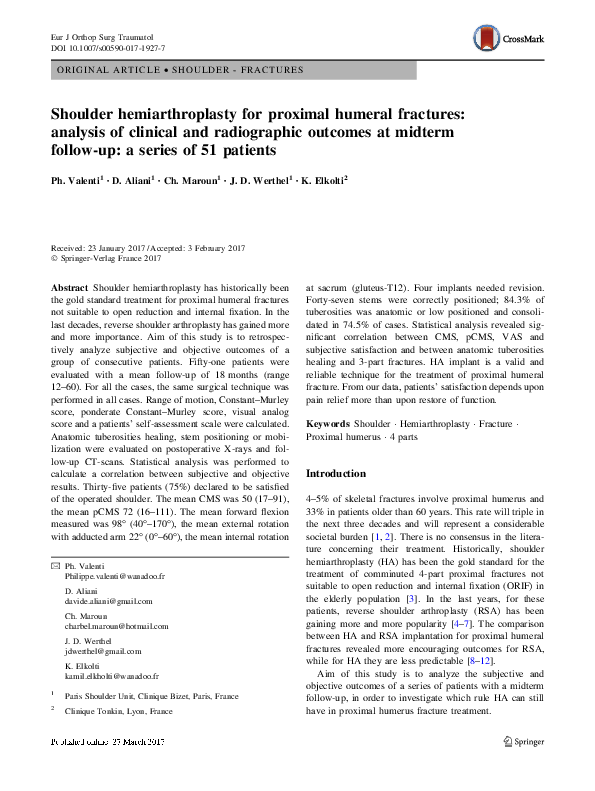 (PDF) Shoulder hemiarthroplasty for proximal humeral fractures ...