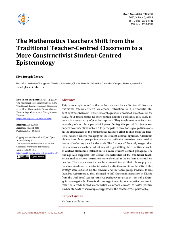 (PDF) The Mathematics Teachers Shift from the Traditional Teacher ...