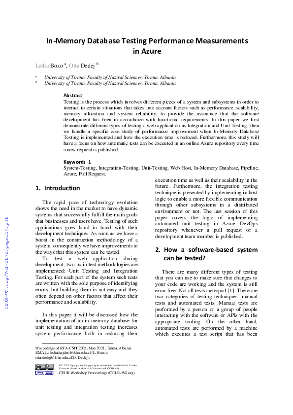 (PDF) In-Memory Database Testing Performance Measurements in Azure