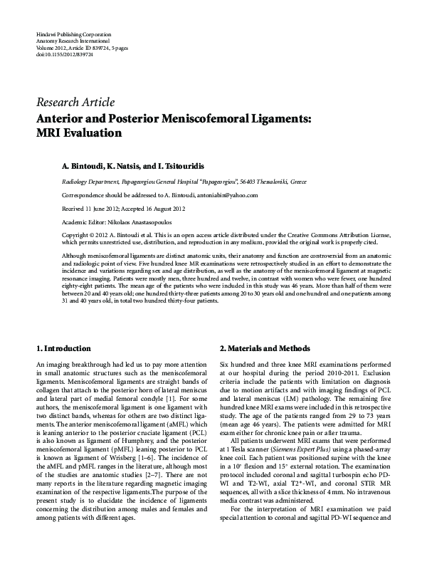 (PDF) Anterior and Posterior Meniscofemoral Ligaments: MRI Evaluation