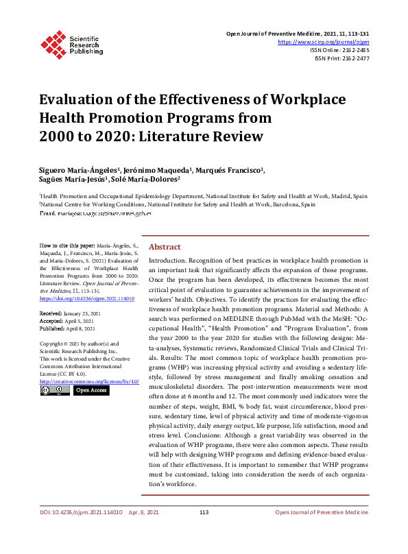 (PDF) Evaluation of the Effectiveness of Workplace Health Promotion ...