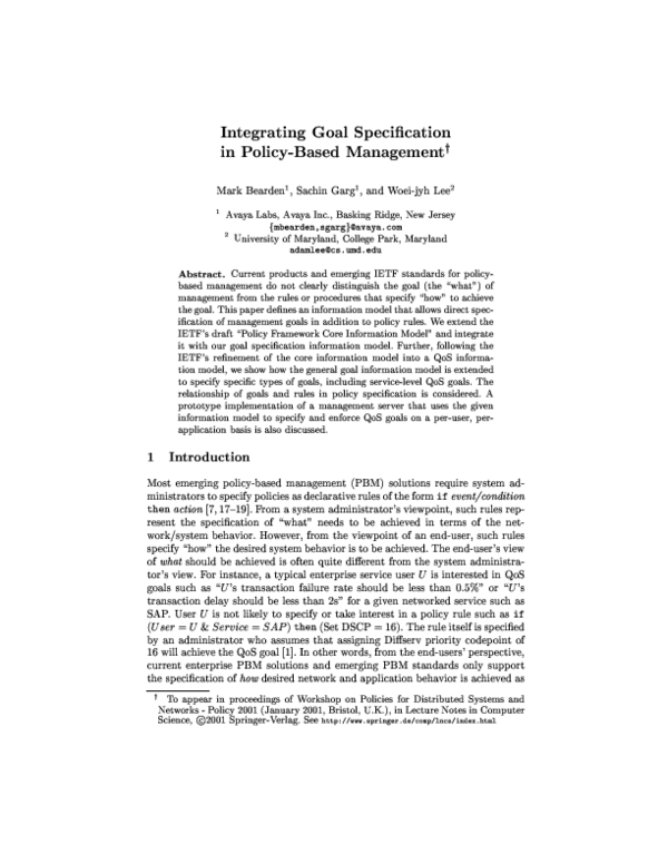 (PDF) Integrating Goal Specification in Policy-Based Management