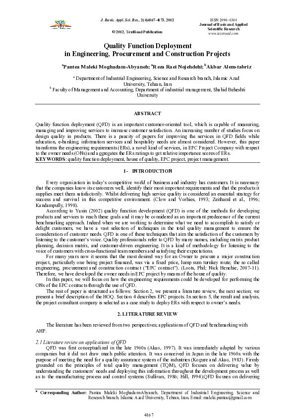 (PDF) Quality Function Deployment in Engineering, Procurement and Construction Projects