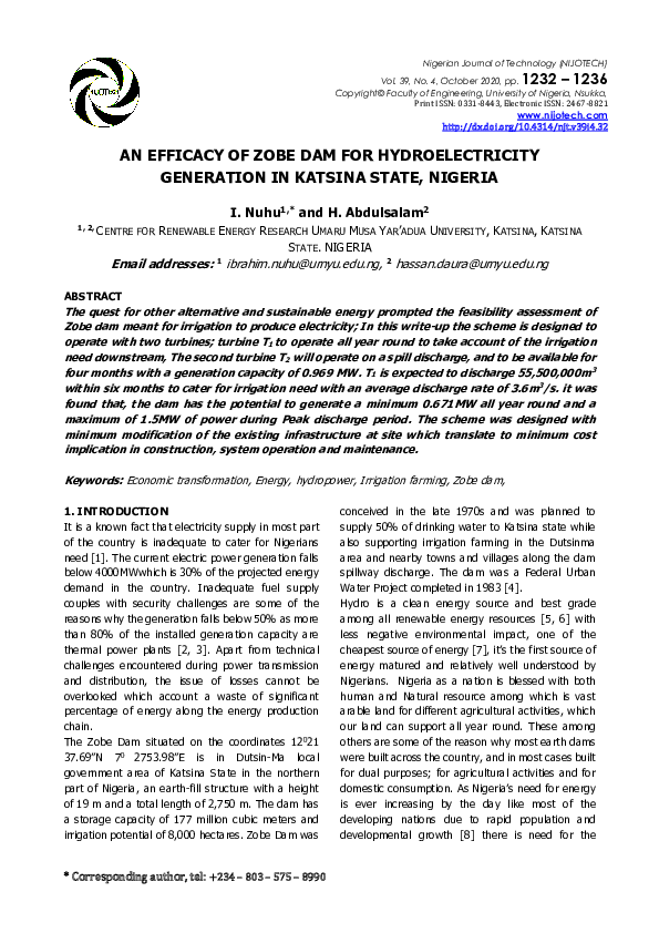 (PDF) An efficacy of Zobe dam for hydroelectricity generation in ...