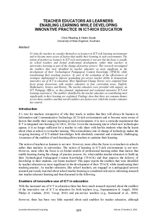 (PDF) Teacher educators as learners: Enabling learning while developing innovative practice in ...