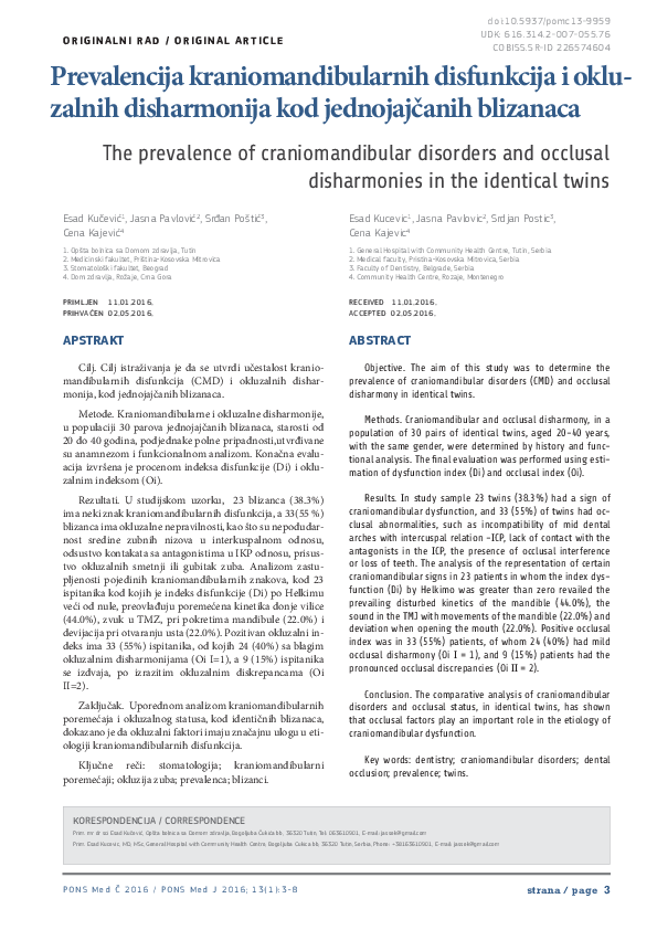 (PDF) The prevalence of craniomandibular disorders and occlusal ...
