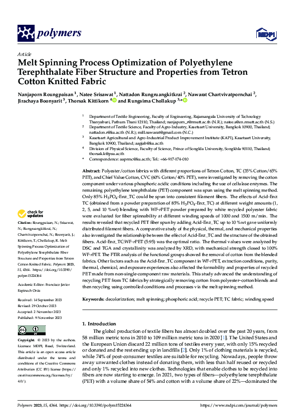 (PDF) Melt Spinning Process Optimization of Polyethylene Terephthalate Fiber Structure and ...