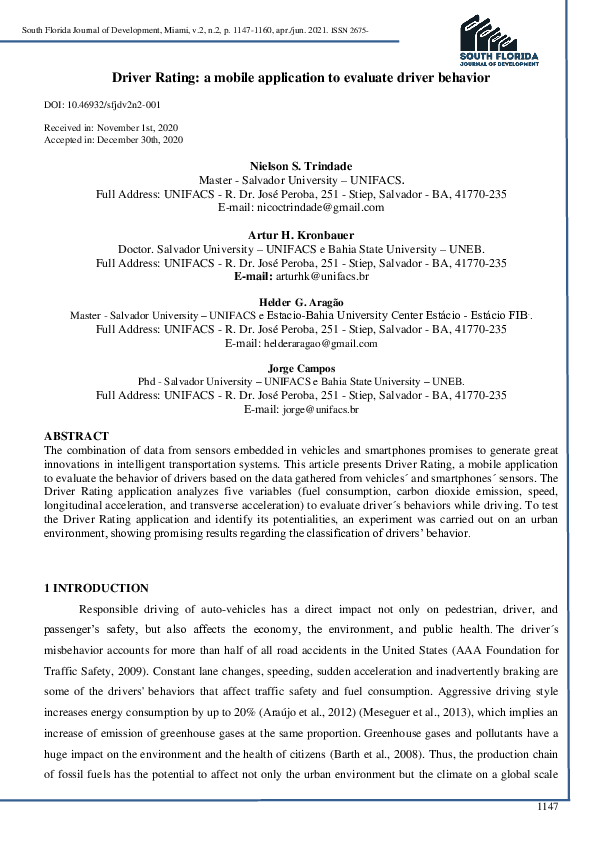 (PDF) Driver Rating: a mobile application to evaluate driver behavior