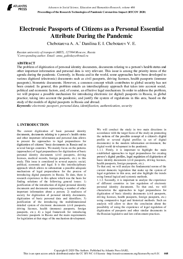 (PDF) Electronic Passports of Citizens as a Personal Essential Attribute During the Pandemic ...