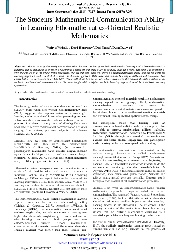 (PDF) The Students' Mathematical Communication Ability in Learning Ethomathematics-Oriented ...