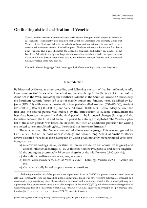 (PDF) On the linguistic classification of Venetic
