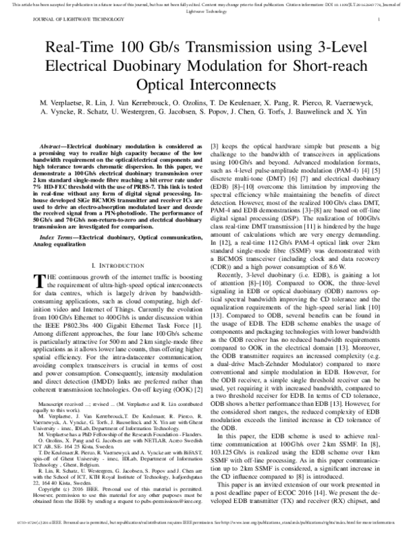 (PDF) Real-Time 100 Gb/s Transmission Using Three-Level Electrical ...