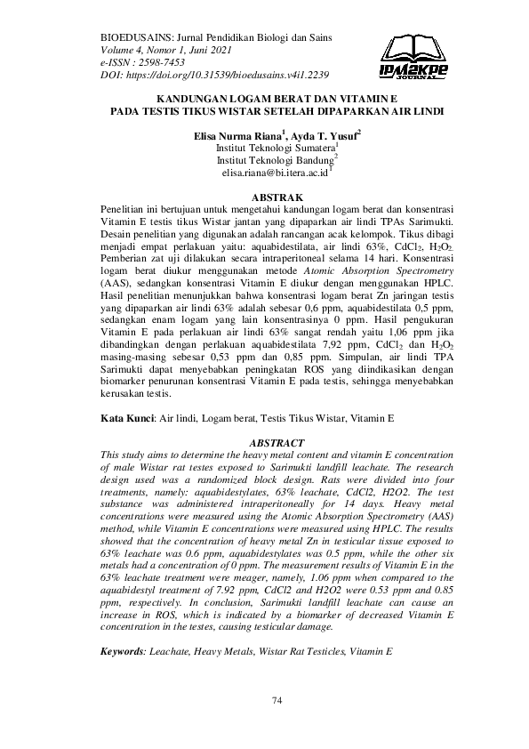 (PDF) Kandungan Logam Berat dan Vitamin E pada Testis Tikus Wistar ...
