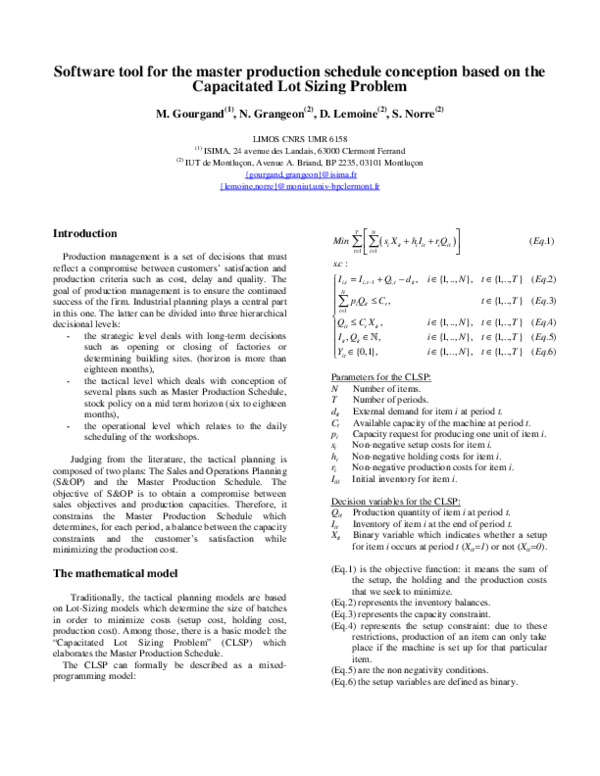 Pdf Software Tool For The Master Production Schedule Conception Based On The Capacitated Lot