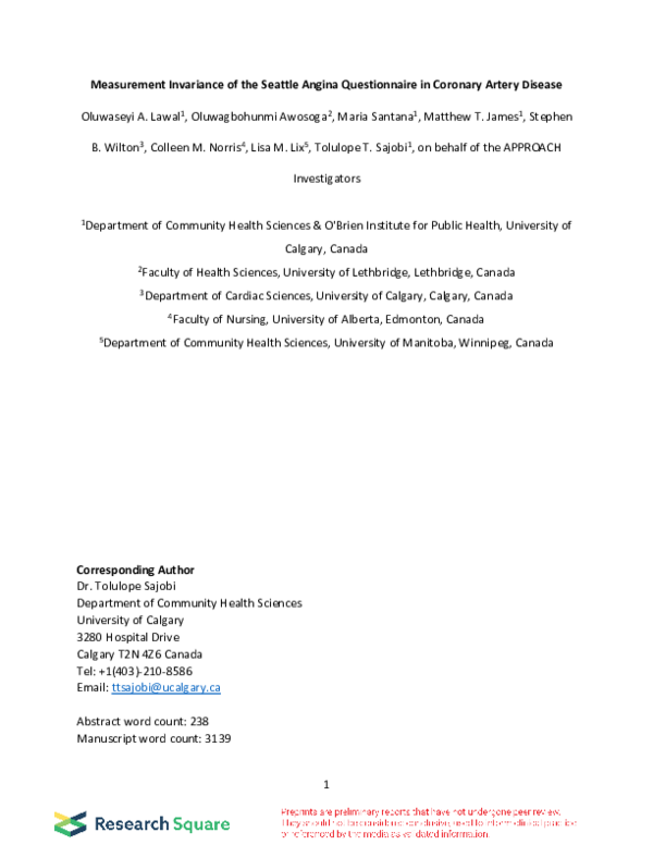 (PDF) Measurement invariance of the Seattle Angina Questionnaire in ...