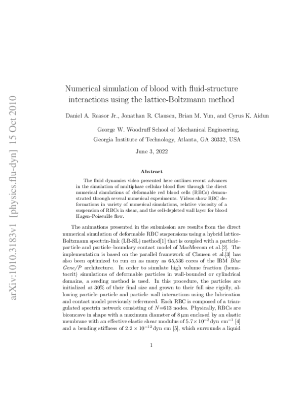 (PDF) Numerical simulation of blood with fluid-structure interactions using the lattice ...