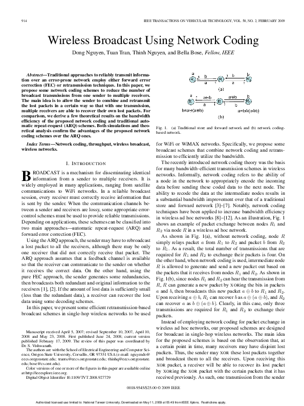 Pdf Network Coding For Efficient Wireless Broadcast