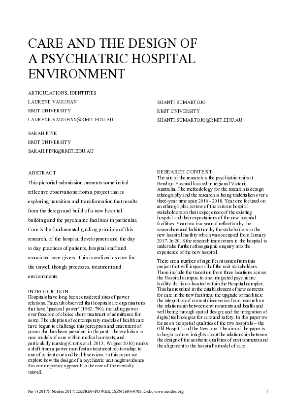 (PDF) Care and the Design of a Psychiatric Hospital Environment