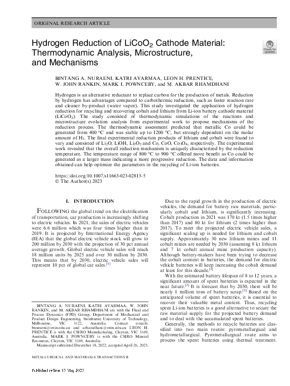 (PDF) Hydrogen Reduction of LiCoO2 Cathode Material: Thermodynamic ...