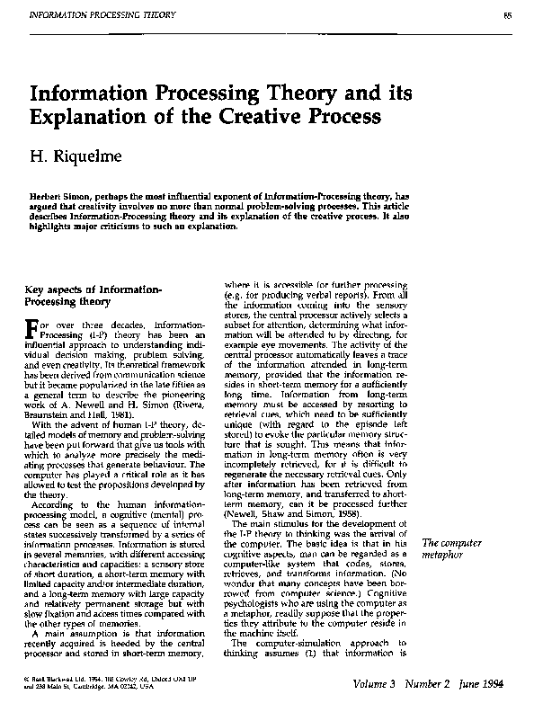 (PDF) Information Processing Theory and its Explanation of the Creative Process