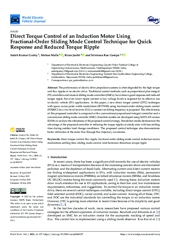 Pdf Direct Torque Control Of An Induction Motor Using Fractional Order Sliding Mode Control