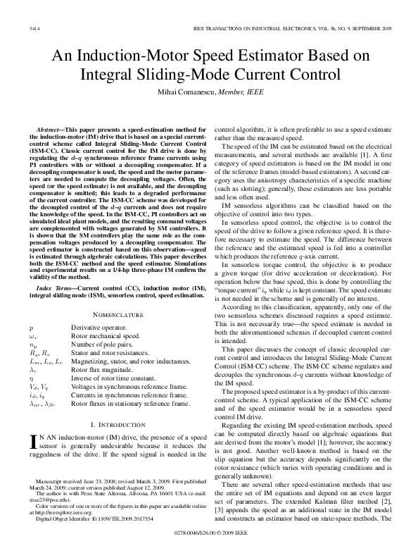 Pdf An Induction Motor Speed Estimator Based On Integral Sliding Mode Current Control Mihai
