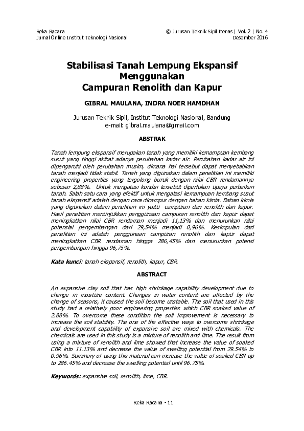 (PDF) Stabilisasi Tanah Lempung Ekspansif Menggunakan Campuran Renolith dan Kapur