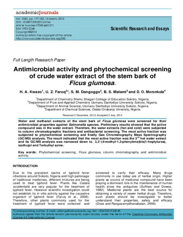 (PDF) Antimicrobial activity and phytochemical screening of crude water extract of the stem bark ...
