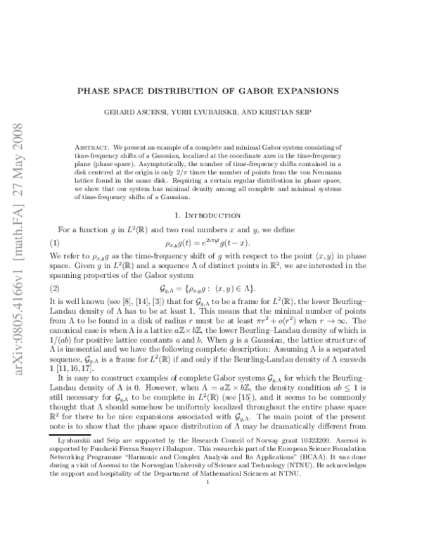 (PDF) Phase space distribution of Gabor expansions