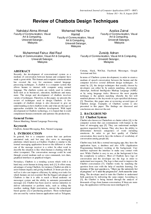 (PDF) Review of Chatbots Design Techniques