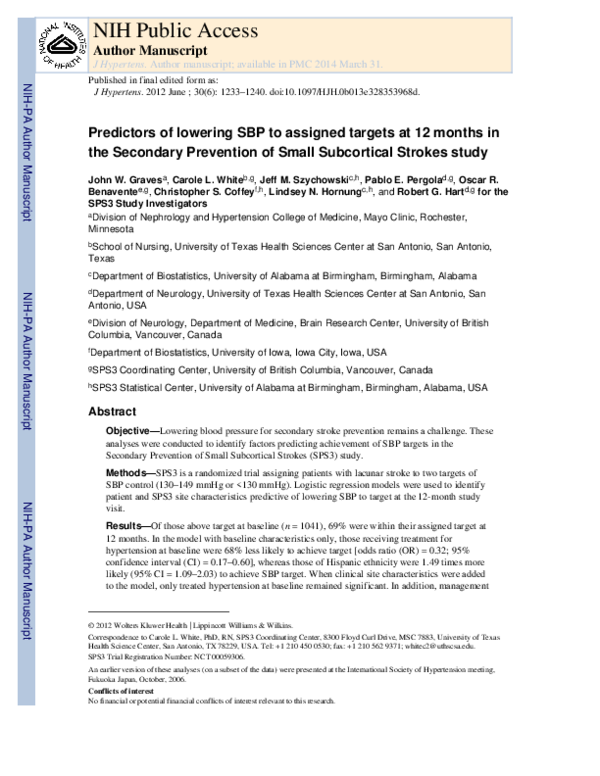 (PDF) Predictors of lowering SBP to assigned targets at 12 months in ...